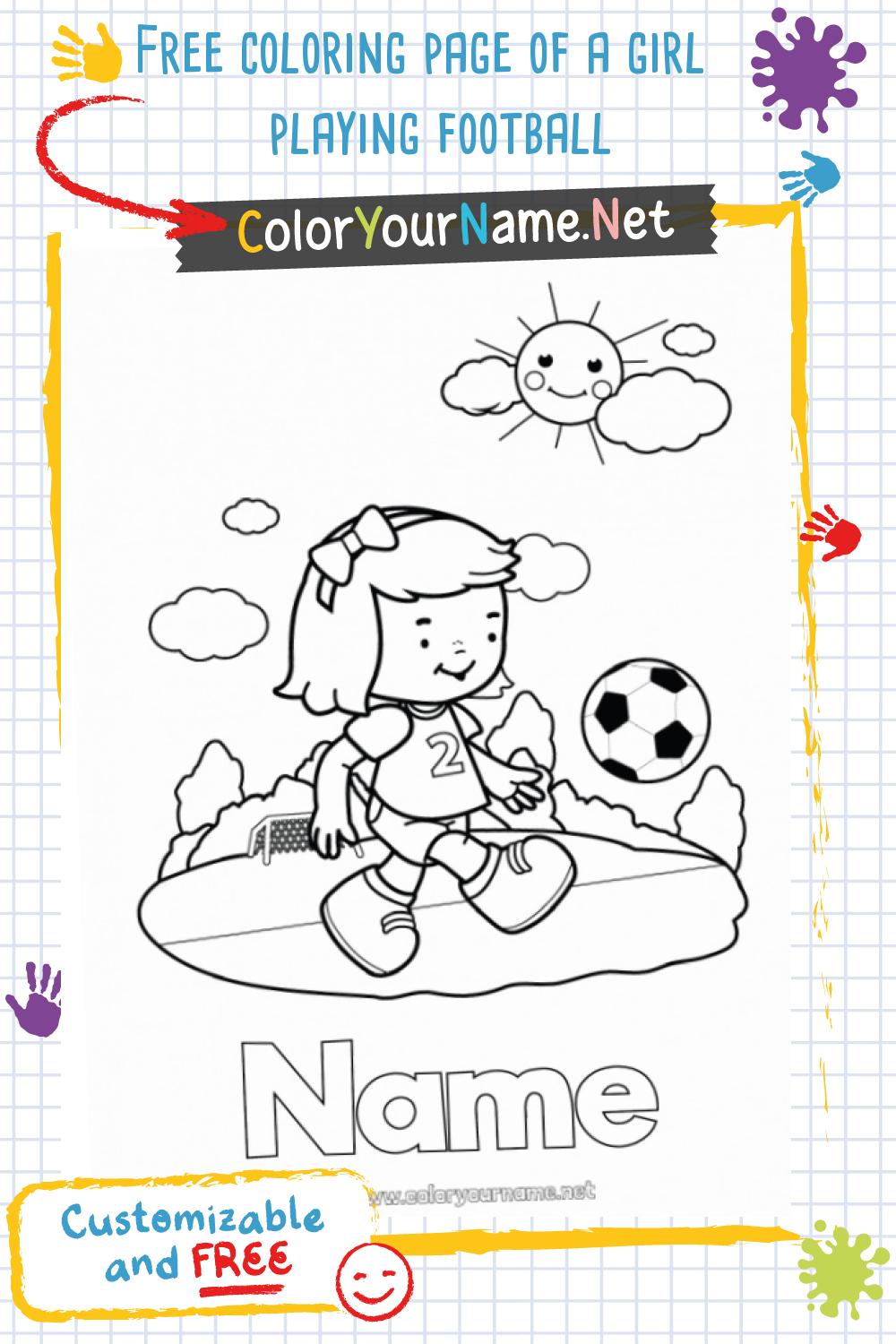 Free coloring page of a girl playing football