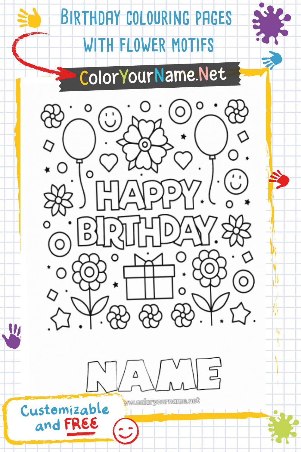 Birthday colouring pages with flower motifs