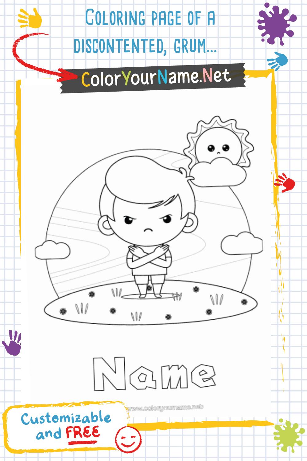 Coloring page of a discontented, grumpy, grouchy boy