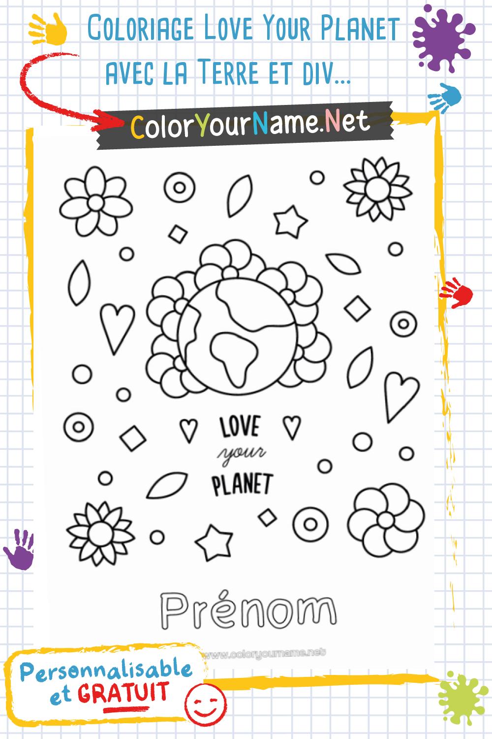 Coloriage Love Your Planet avec la Terre et divers motifs