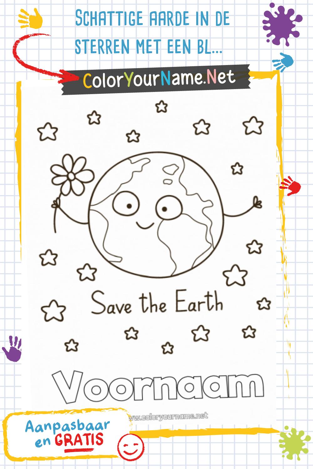 Schattige aarde in de sterren met een bloem kleurplaat