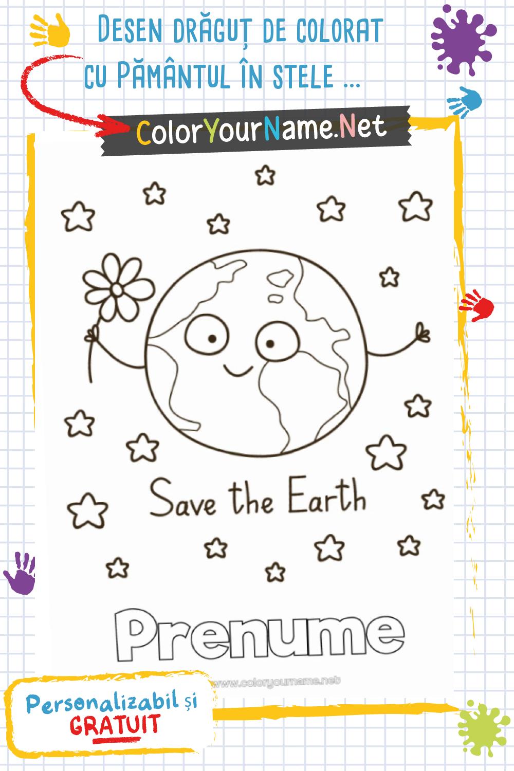 Desen drăguț de colorat cu Pământul în stele și o floare.