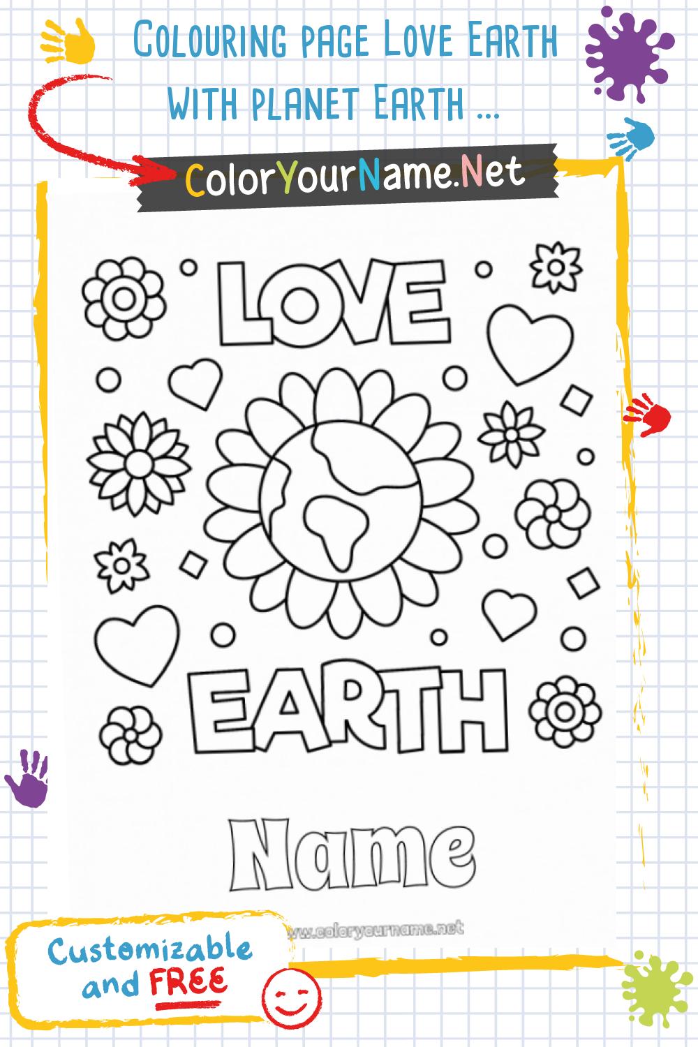 Colouring page Love Earth with planet Earth and flowers