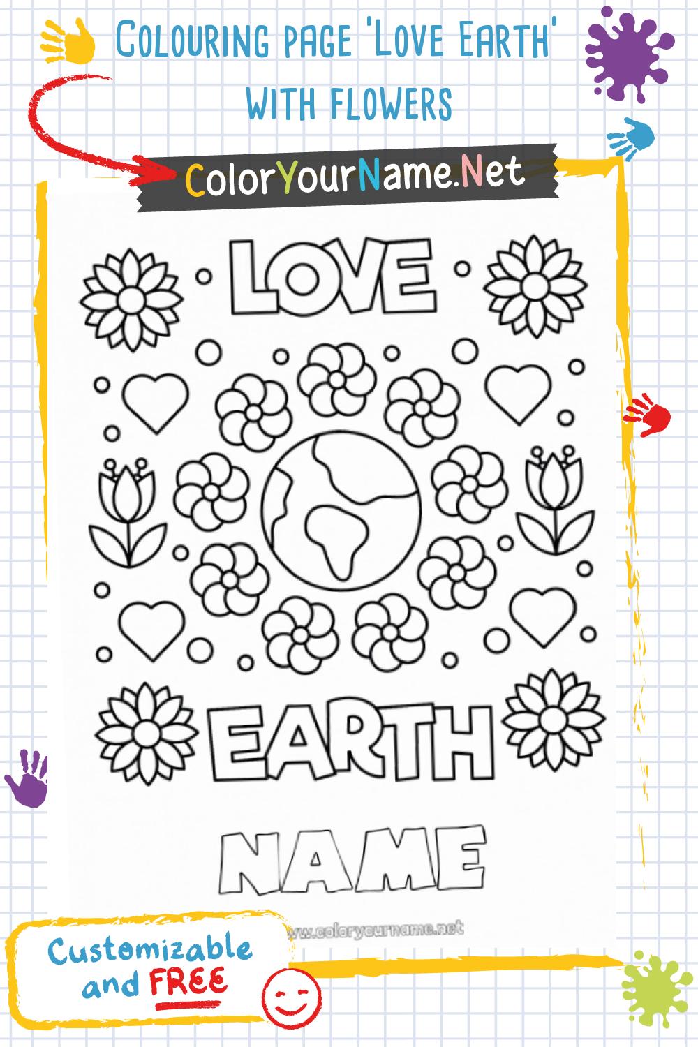 Colouring page 'Love Earth' with flowers