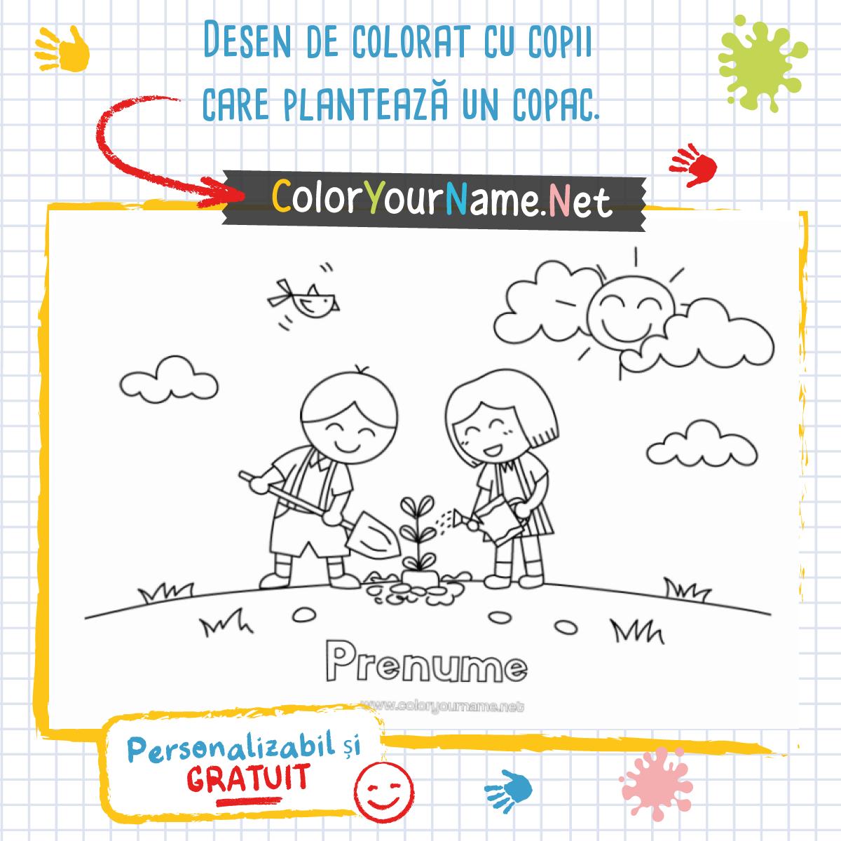 Desen de colorat cu copii care plantează un copac.