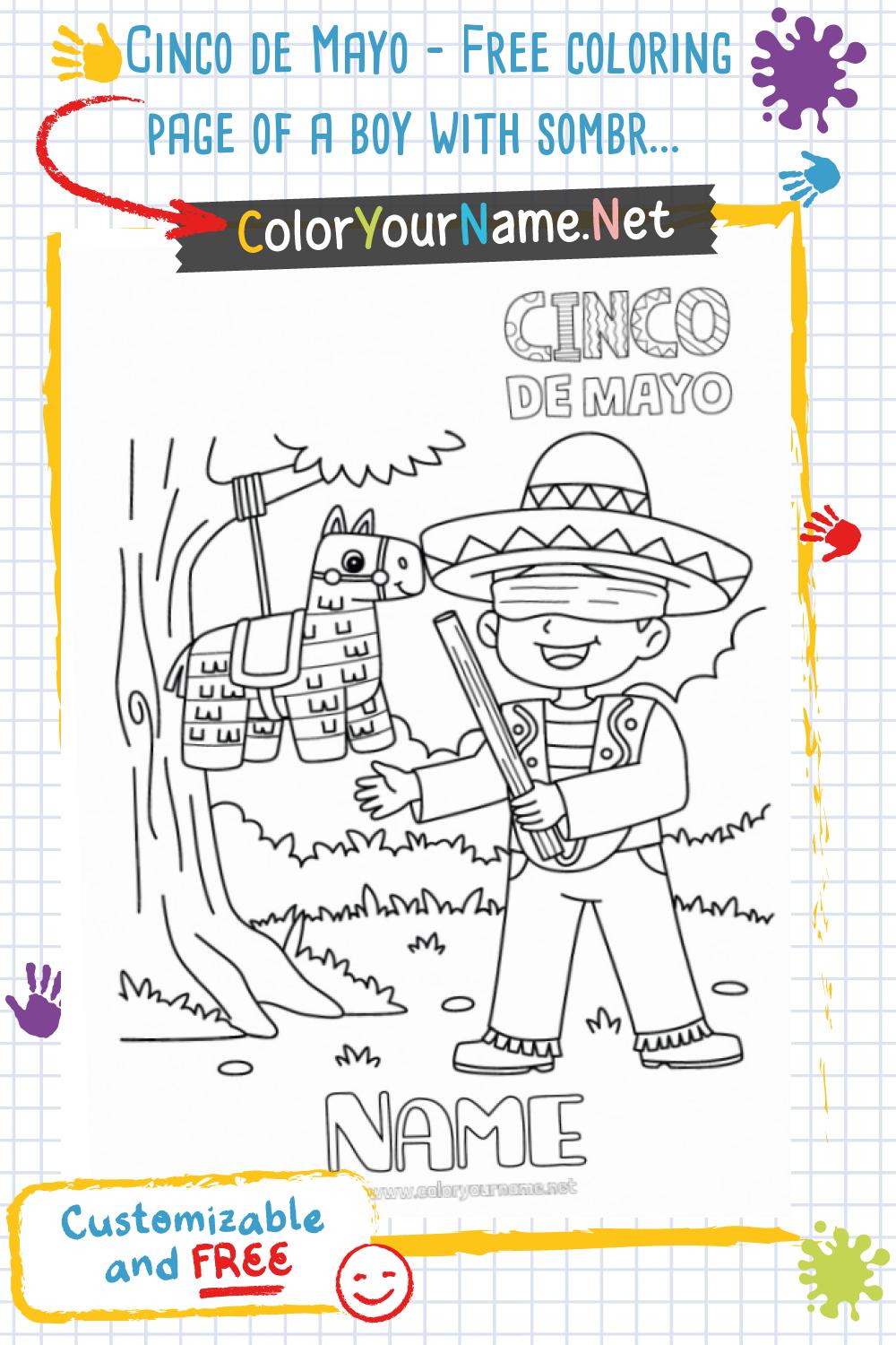 Cinco de Mayo - Free coloring page of a boy with sombrero and piñata