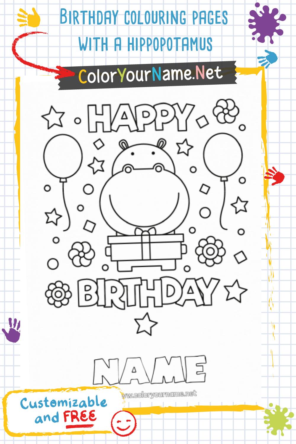 Birthday colouring pages with a hippopotamus