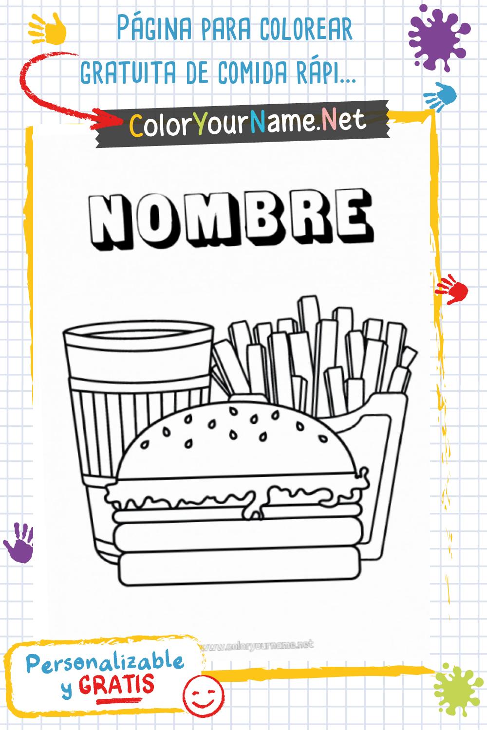 Página para colorear gratuita de comida rápida: hamburguesa, papas ...