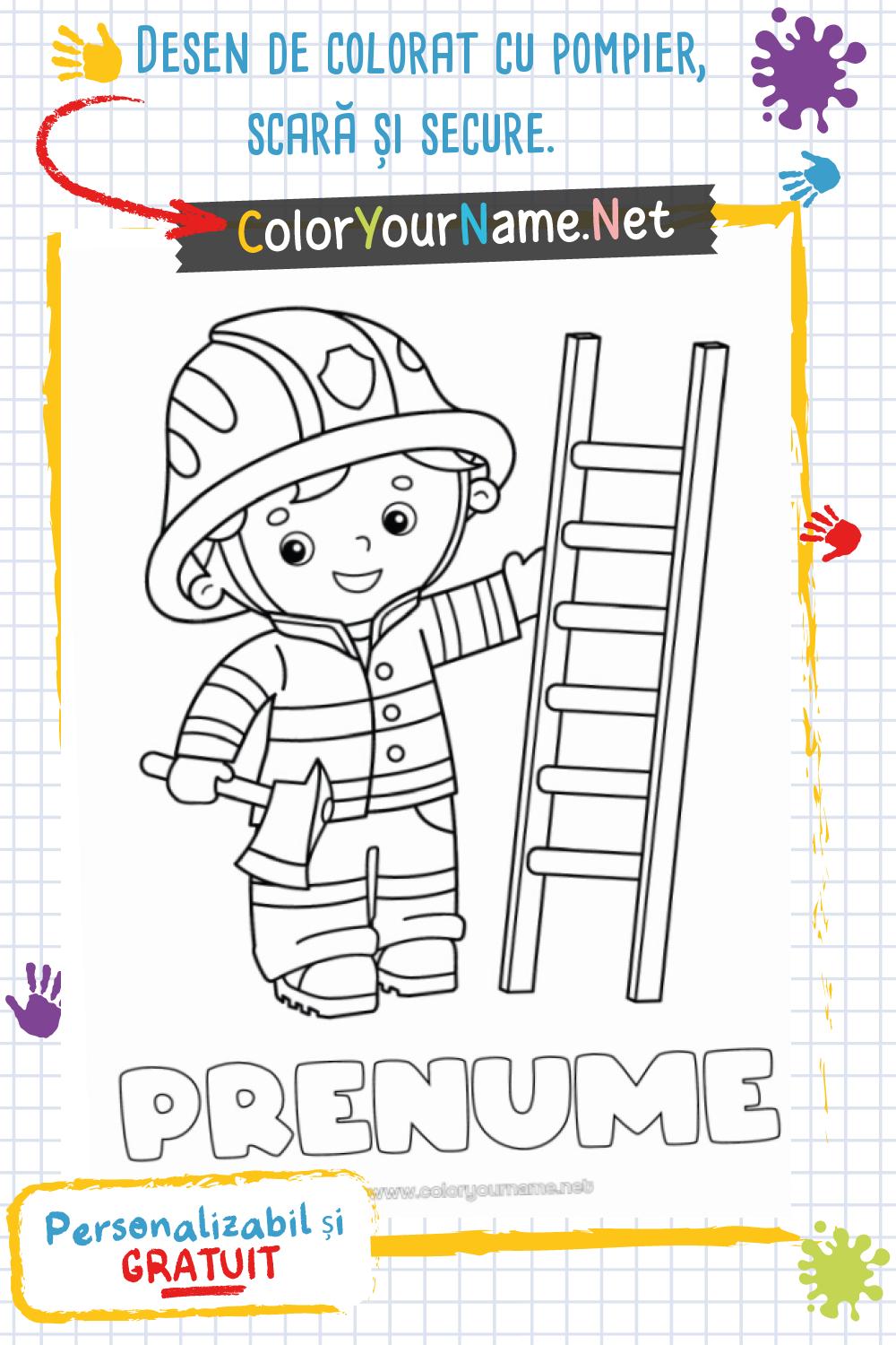 Desen de colorat cu pompier, scară și secure.