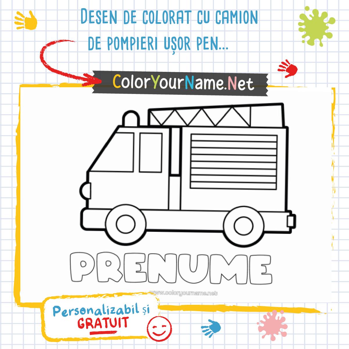 Desen de colorat cu camion de pompieri ușor pentru copii