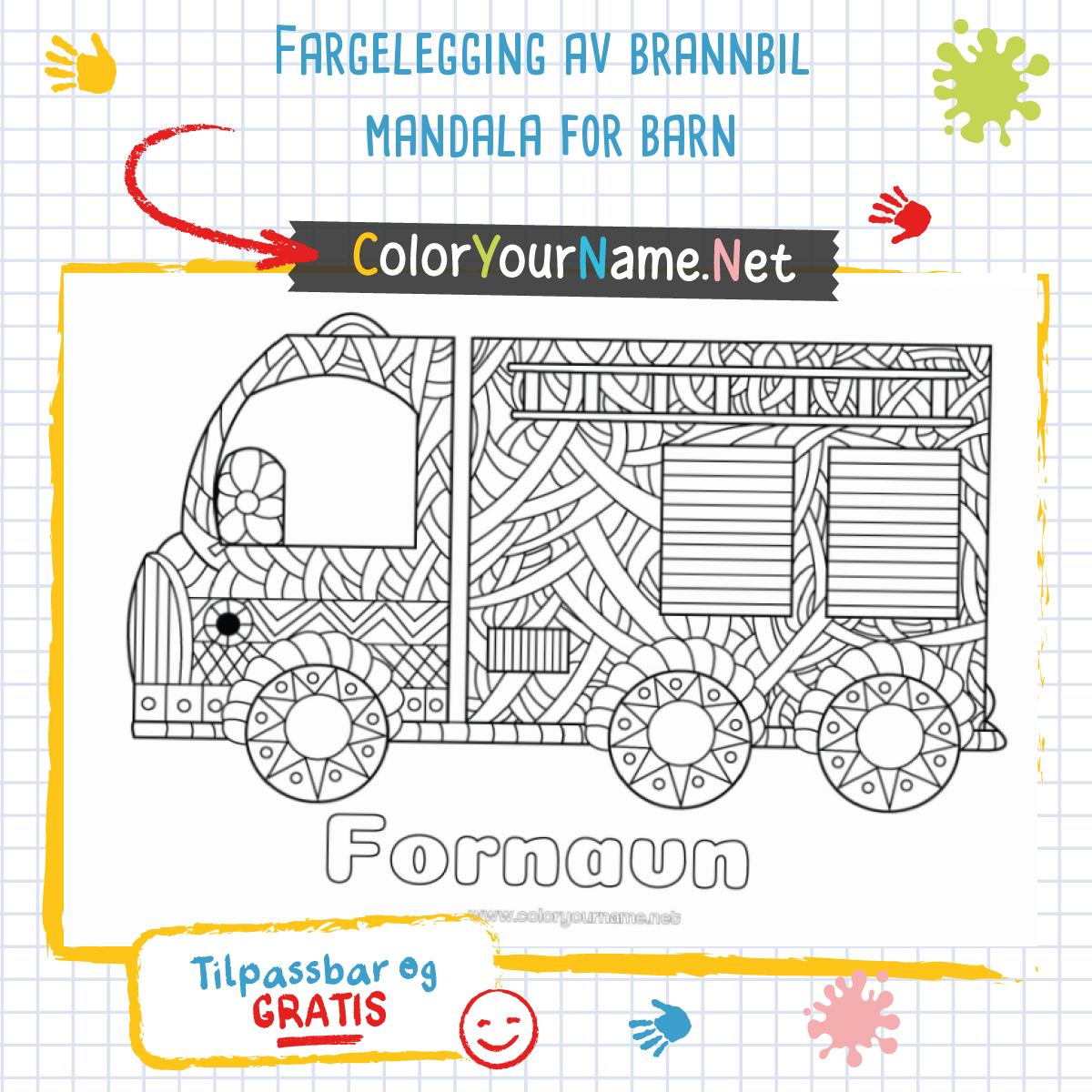 Fargelegging av brannbil mandala for barn