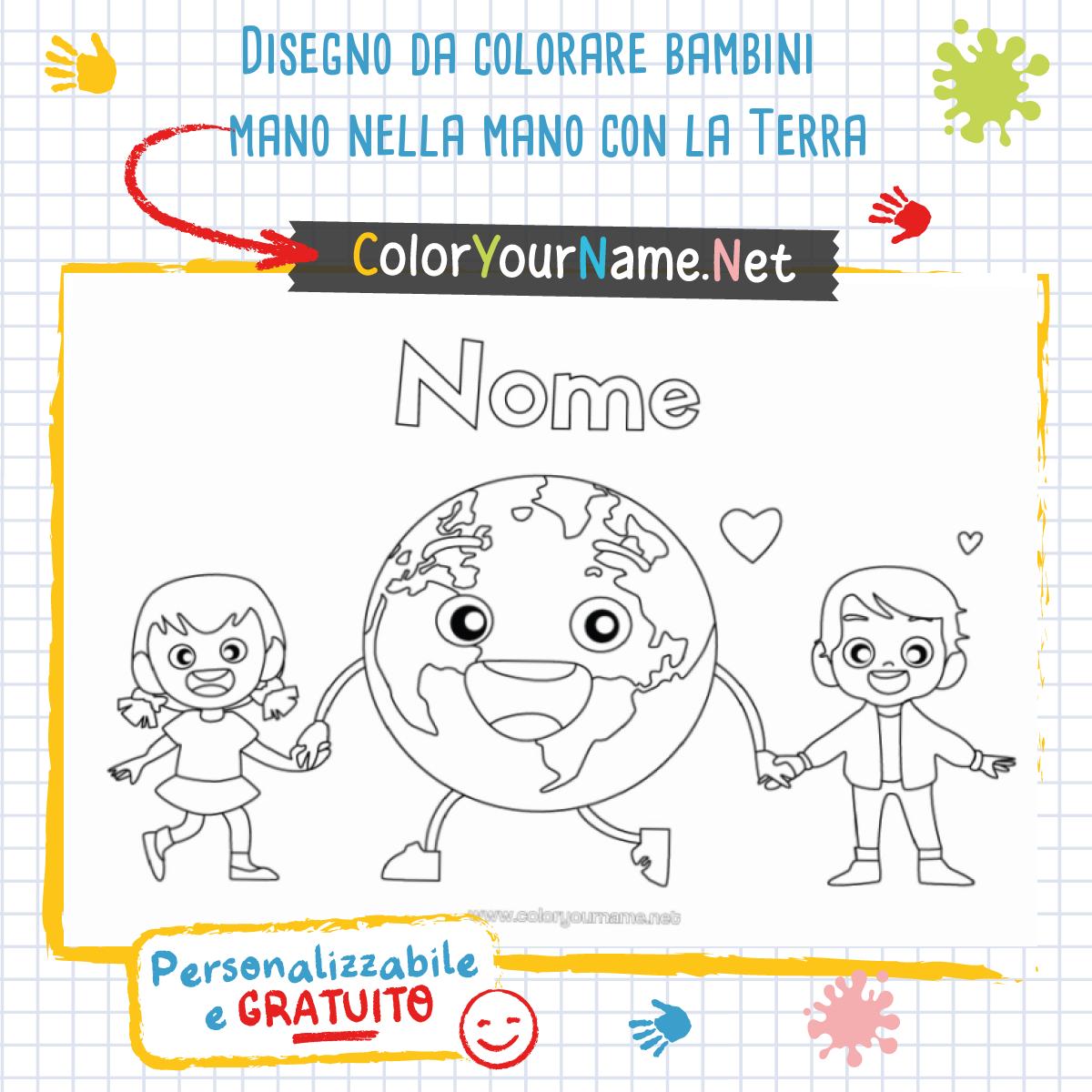 Disegno da colorare bambini mano nella mano con la Terra