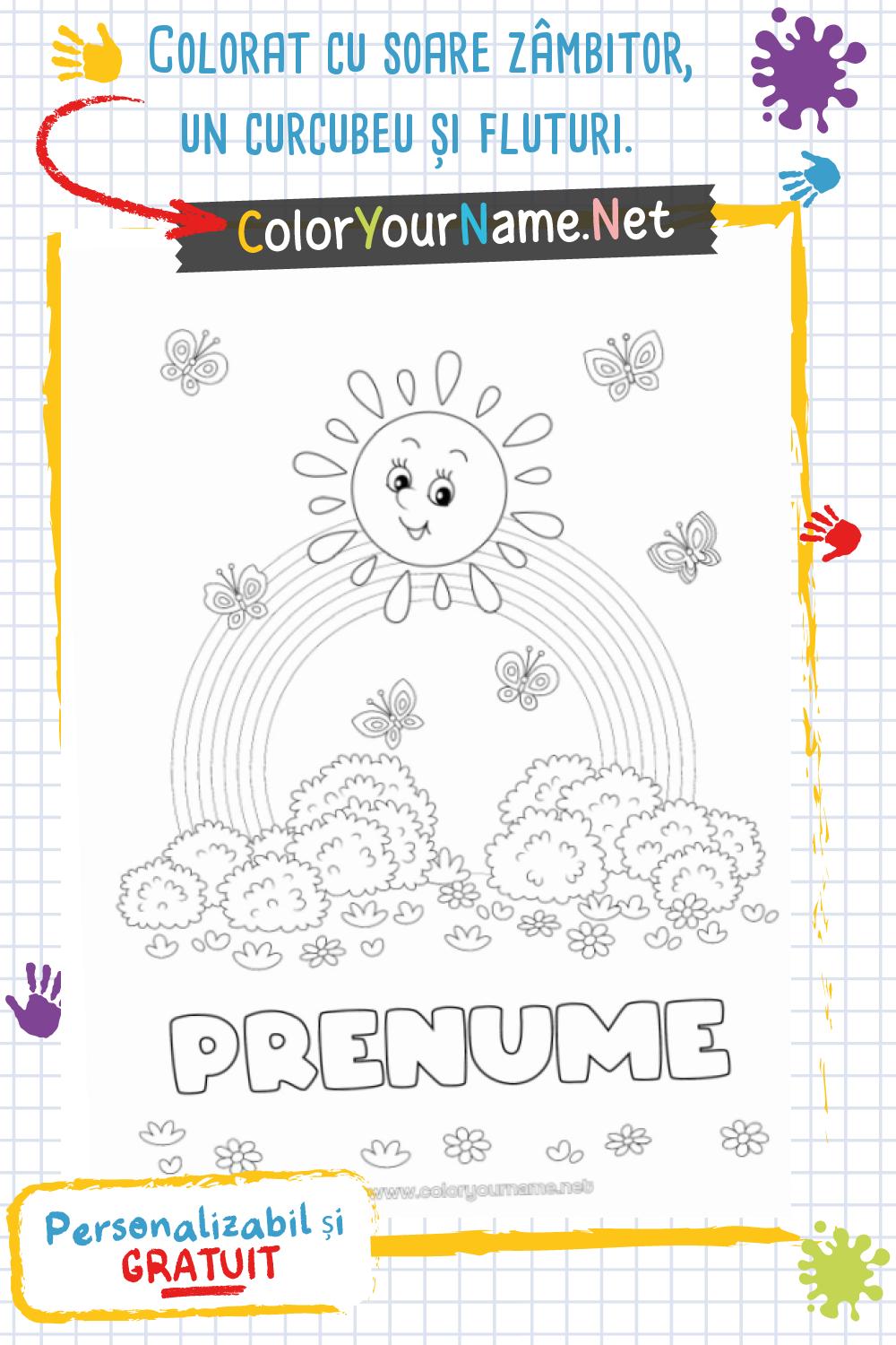 Colorat cu soare zâmbitor, un curcubeu și fluturi.
