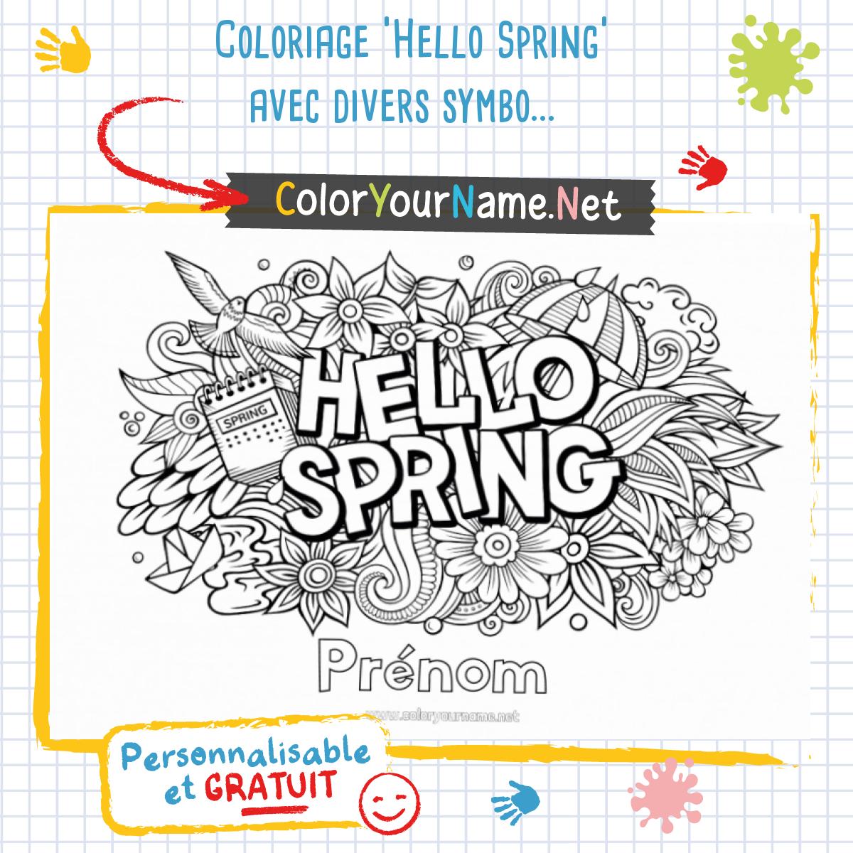 Coloriage 'Hello Spring' avec divers symboles printaniers