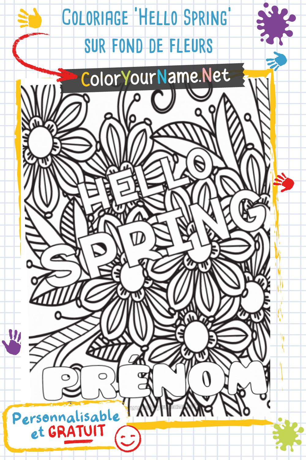 Coloriage 'Hello Spring' sur fond de fleurs