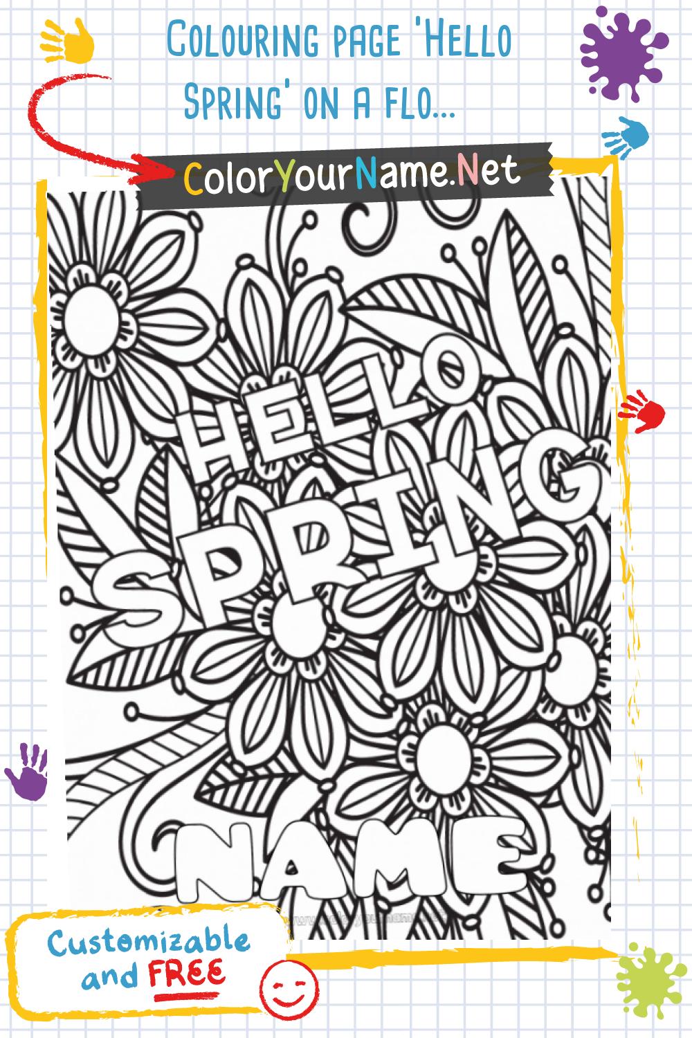 Colouring page 'Hello Spring' on a flower background