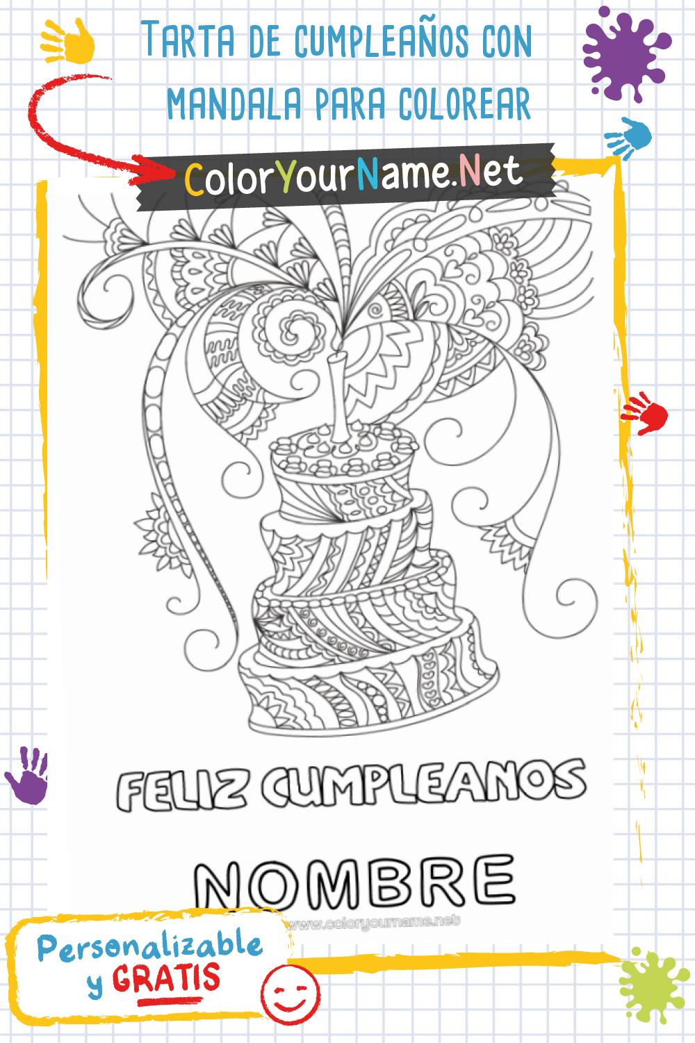 Tarta de cumpleaños con mandala para colorear