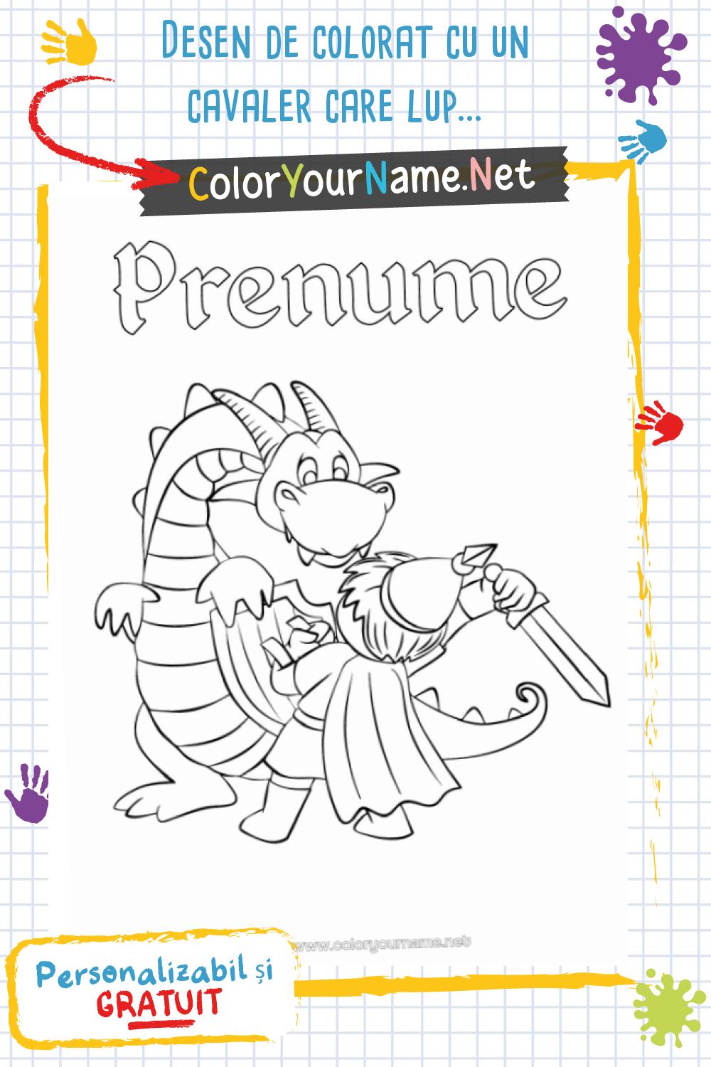 Desen de colorat cu un cavaler care luptă împotriva unui dragon.