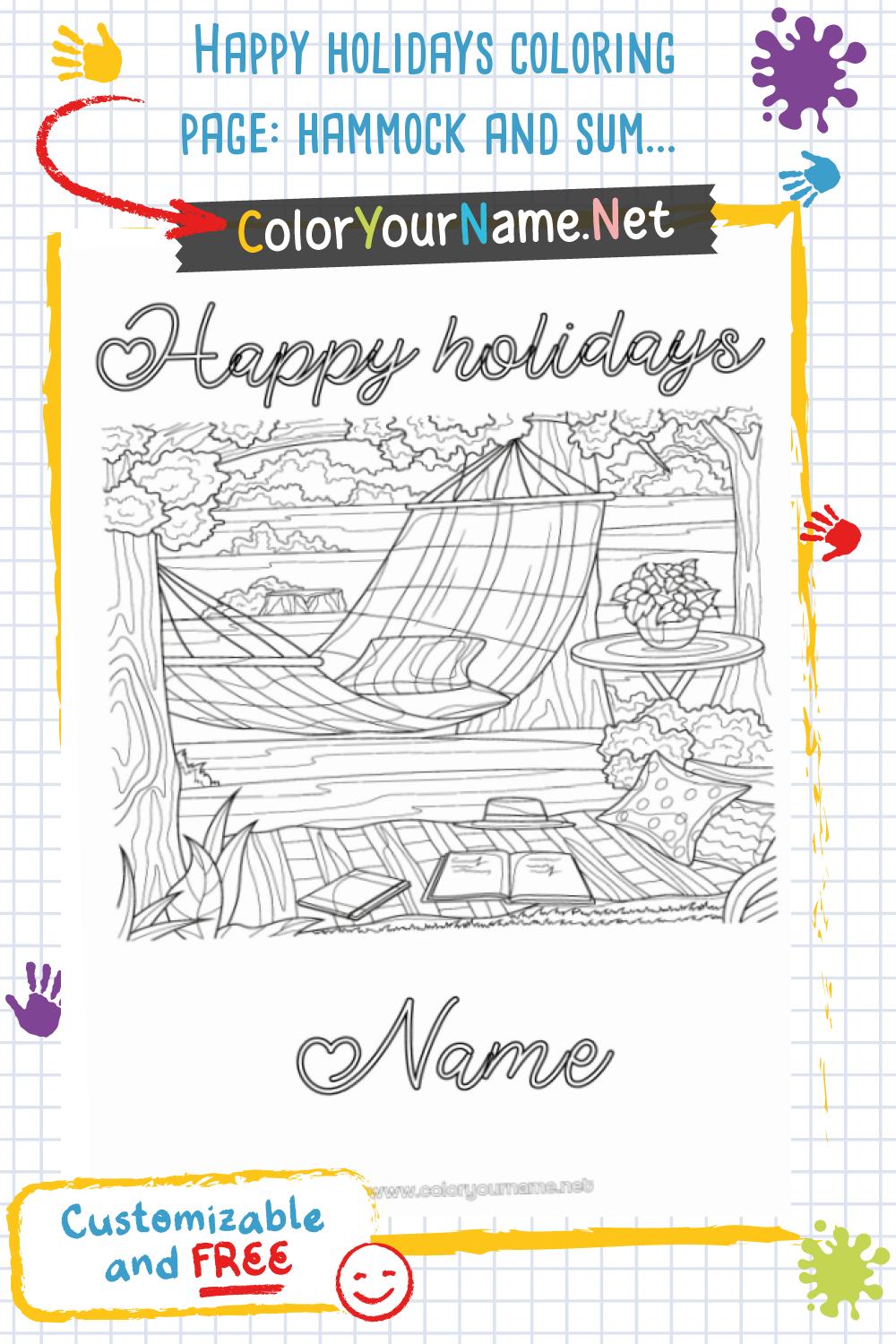 Happy holidays coloring page: hammock and summer scene.