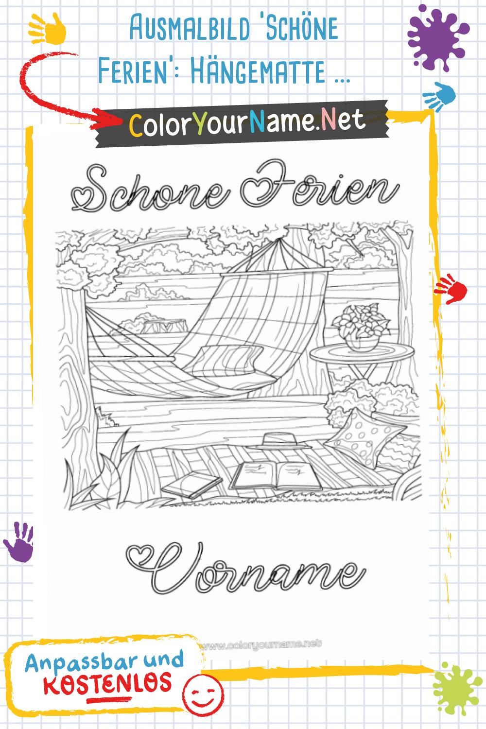 Ausmalbild 'Schöne Ferien': Hängematte und Sommerszene