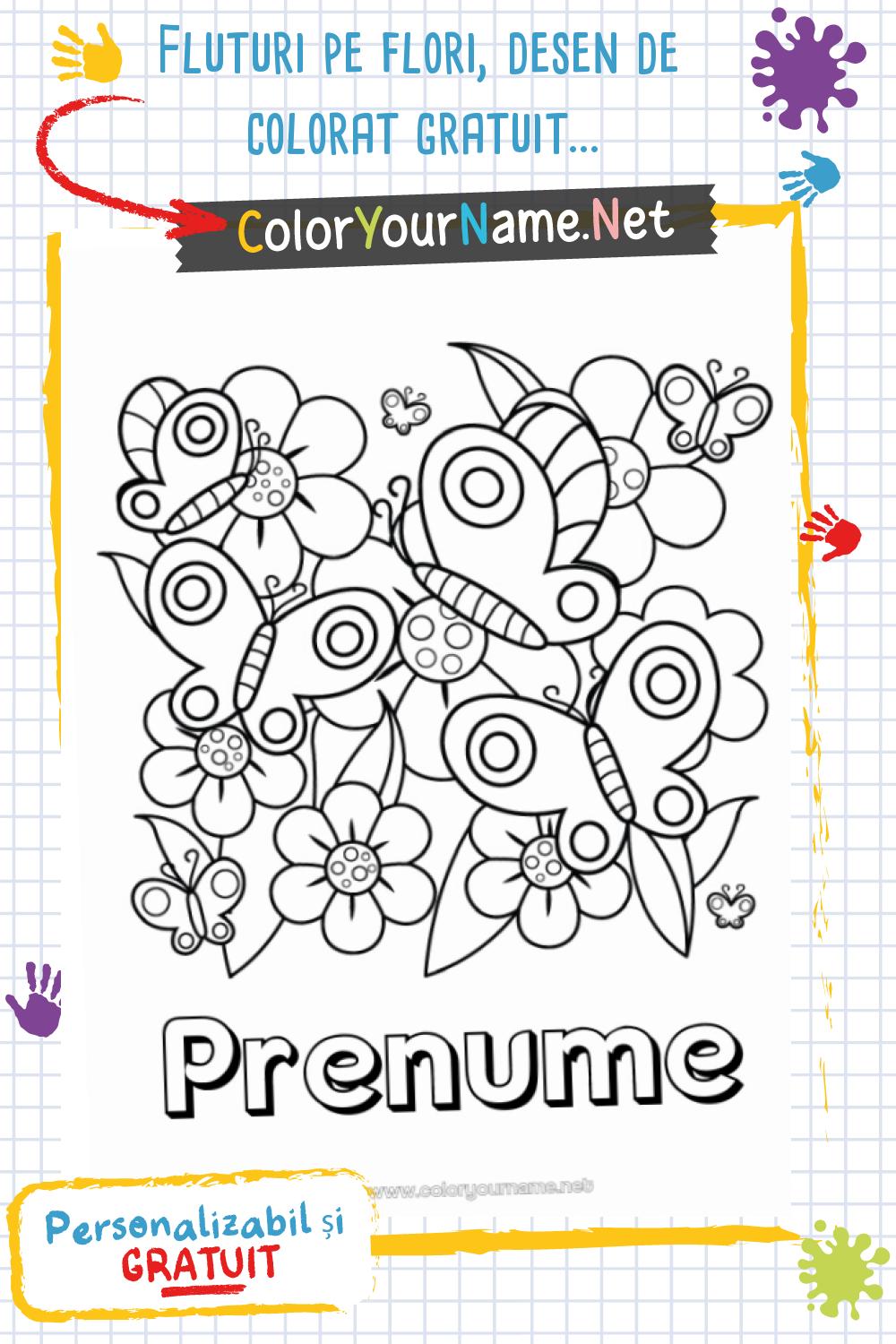 Fluturi pe flori, desen de colorat gratuit de imprimat.