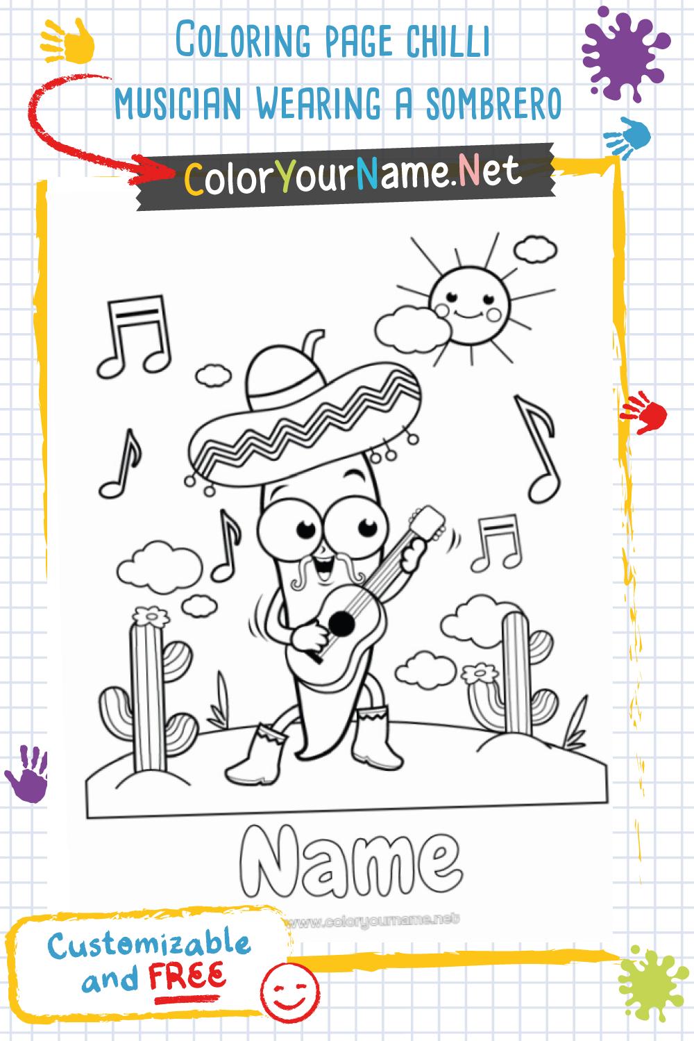Coloring page chilli musician wearing a sombrero