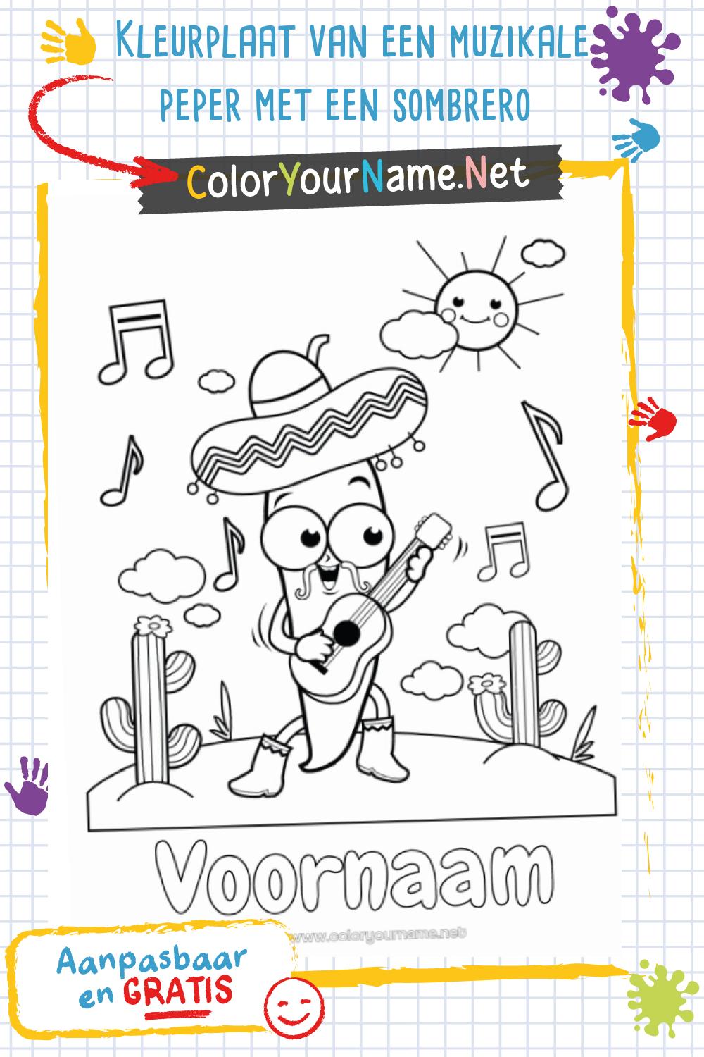 Kleurplaat van een muzikale peper met een sombrero