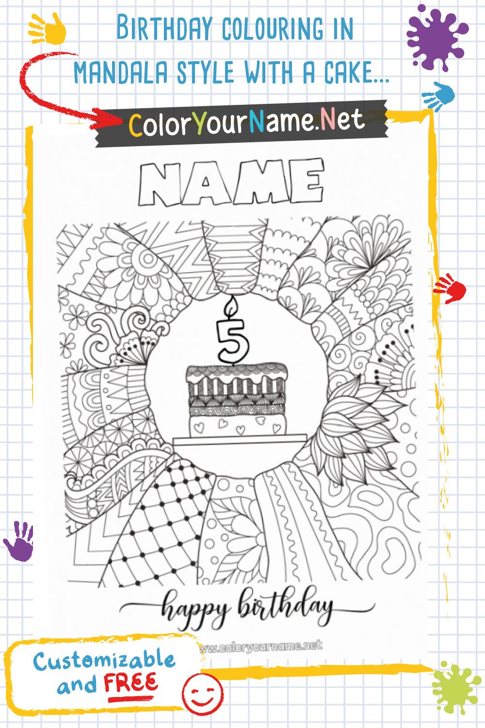 Birthday colouring in mandala style with a cake in the centre
