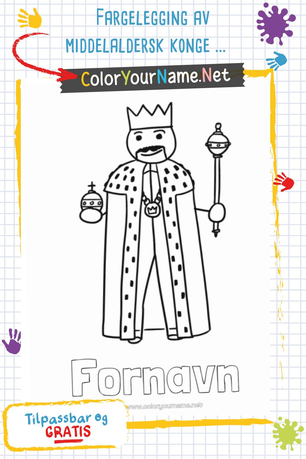 Fargelegging av middelaldersk konge med krone, septer og eple.