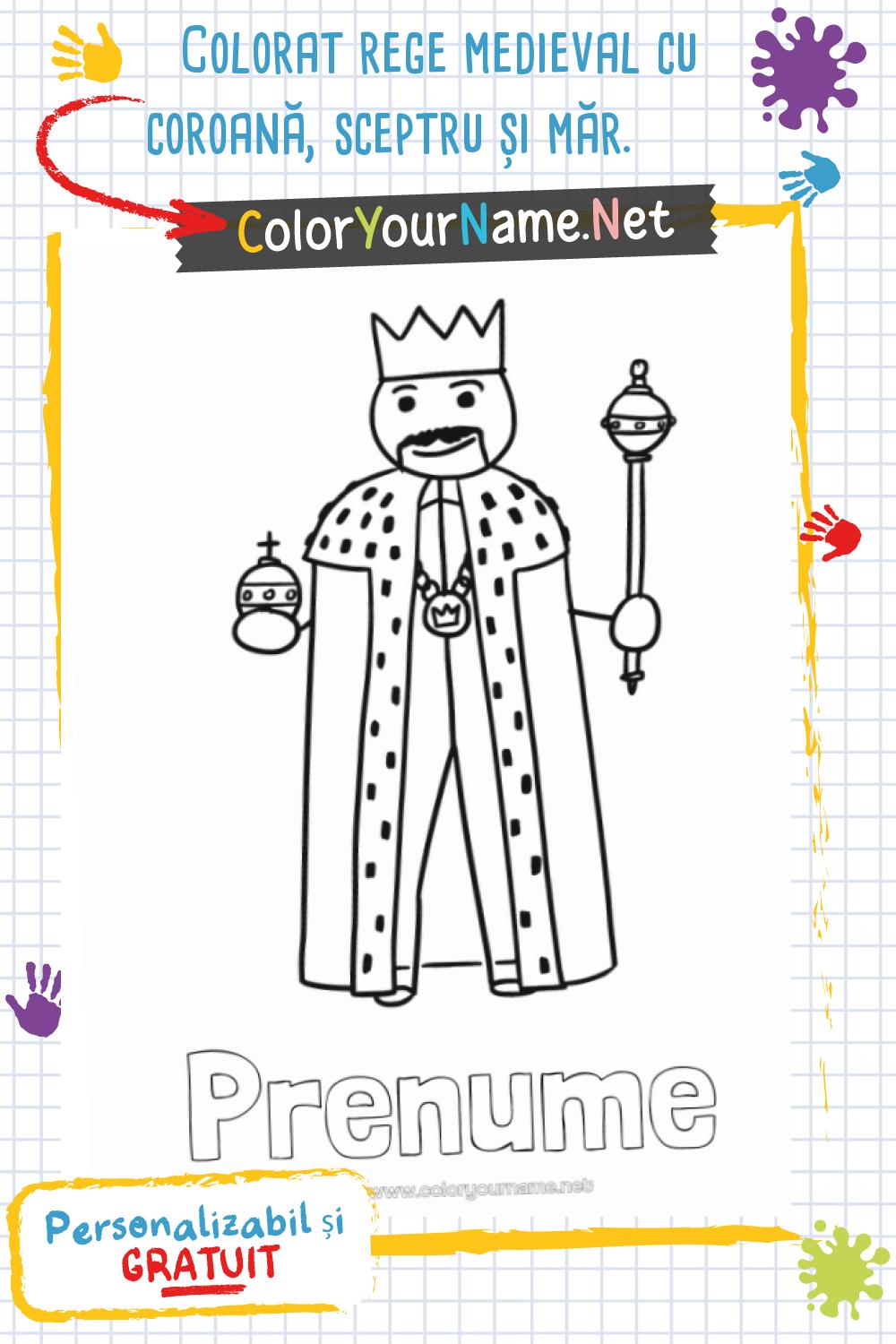 Colorat rege medieval cu coroană, sceptru și măr.