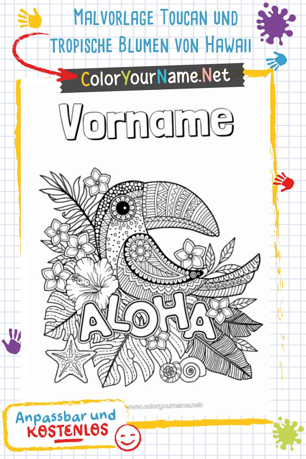 Malvorlage Toucan und tropische Blumen von Hawaii