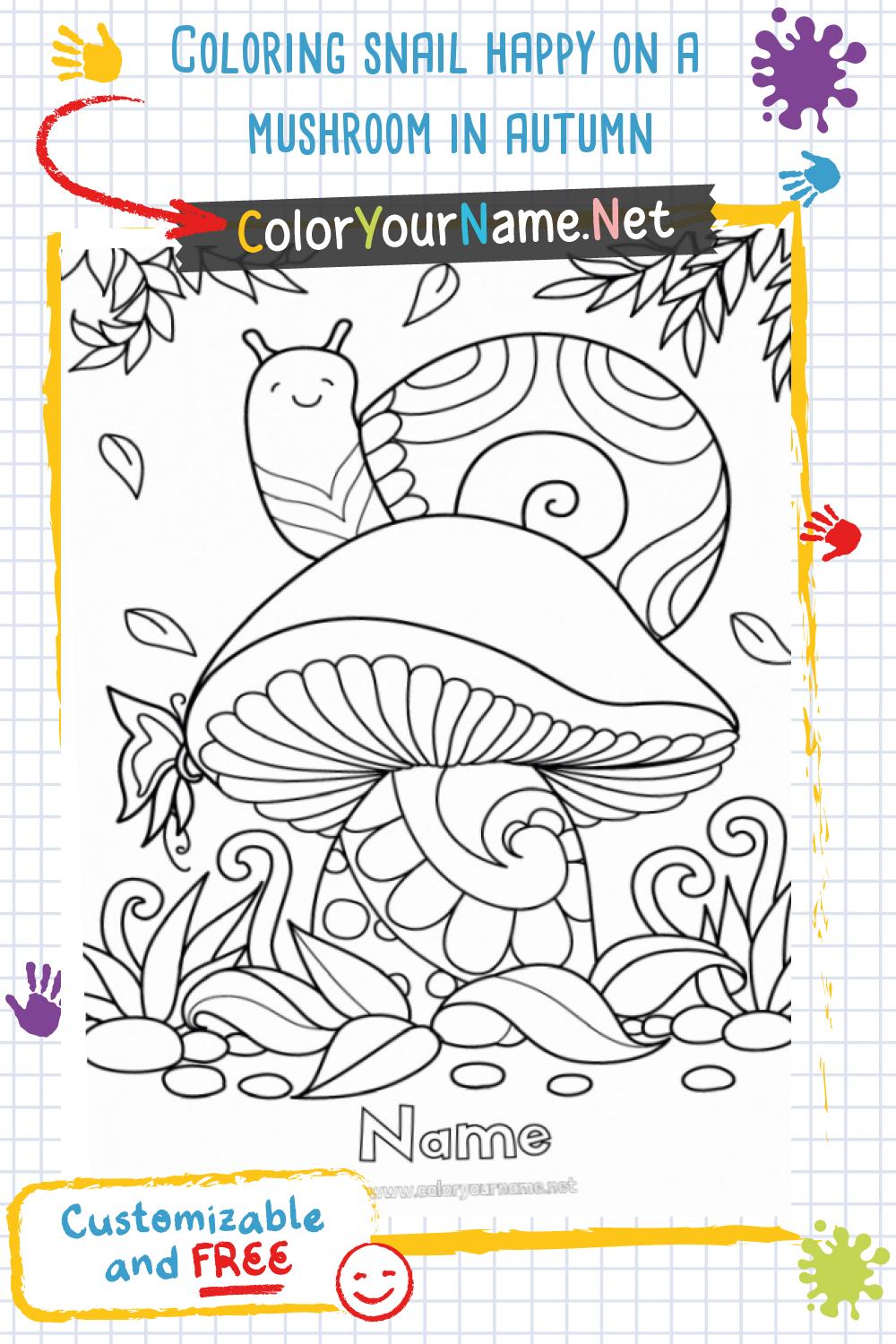 Coloring snail happy on a mushroom in autumn