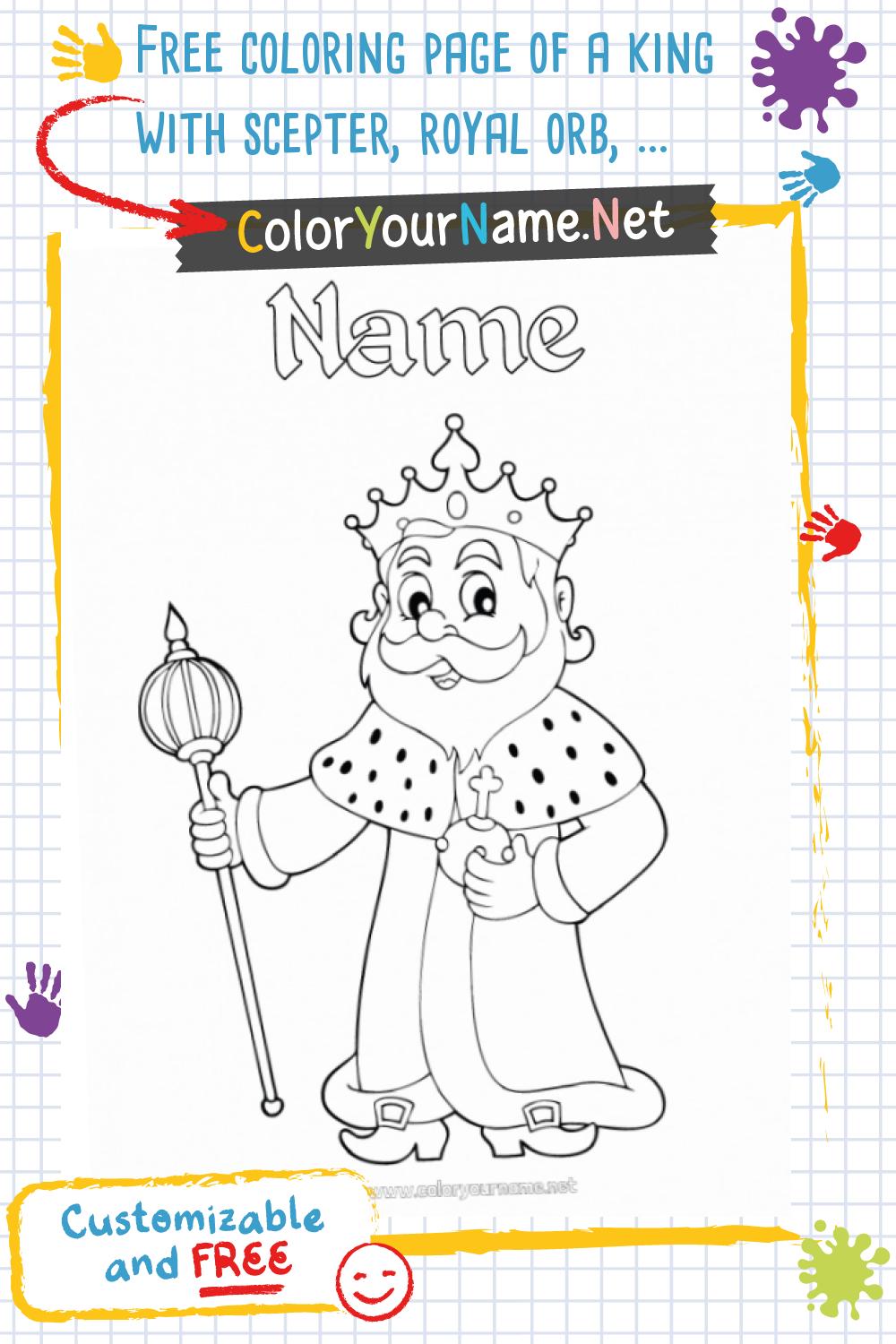Free coloring page of a king with scepter, royal orb, and royal mantle