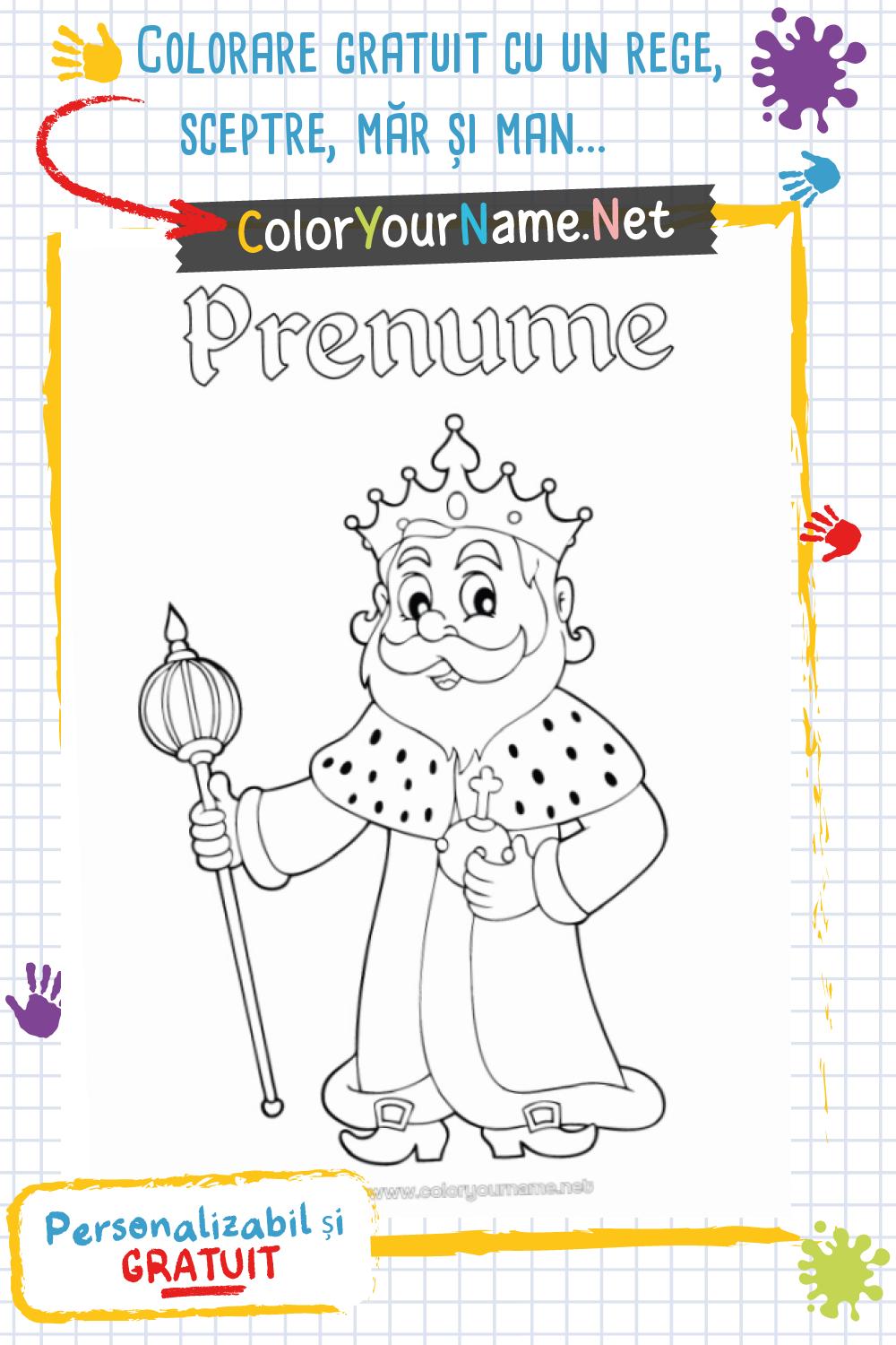 Colorare gratuit cu un rege, sceptre, măr și mantie regală.