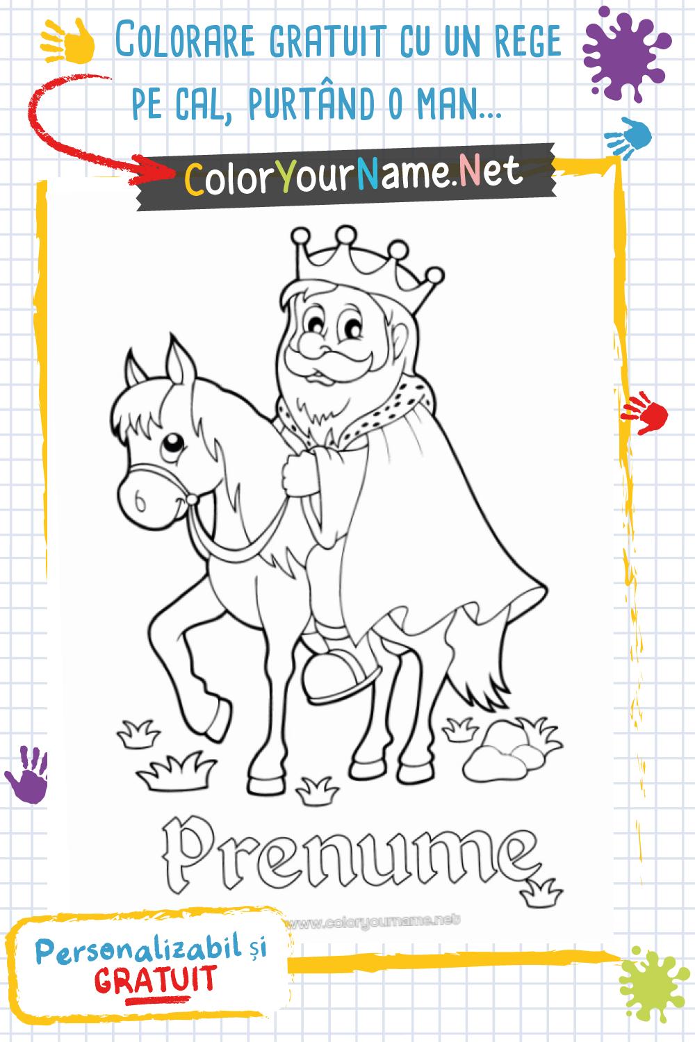 Colorare gratuit cu un rege pe cal, purtând o mantie regală.