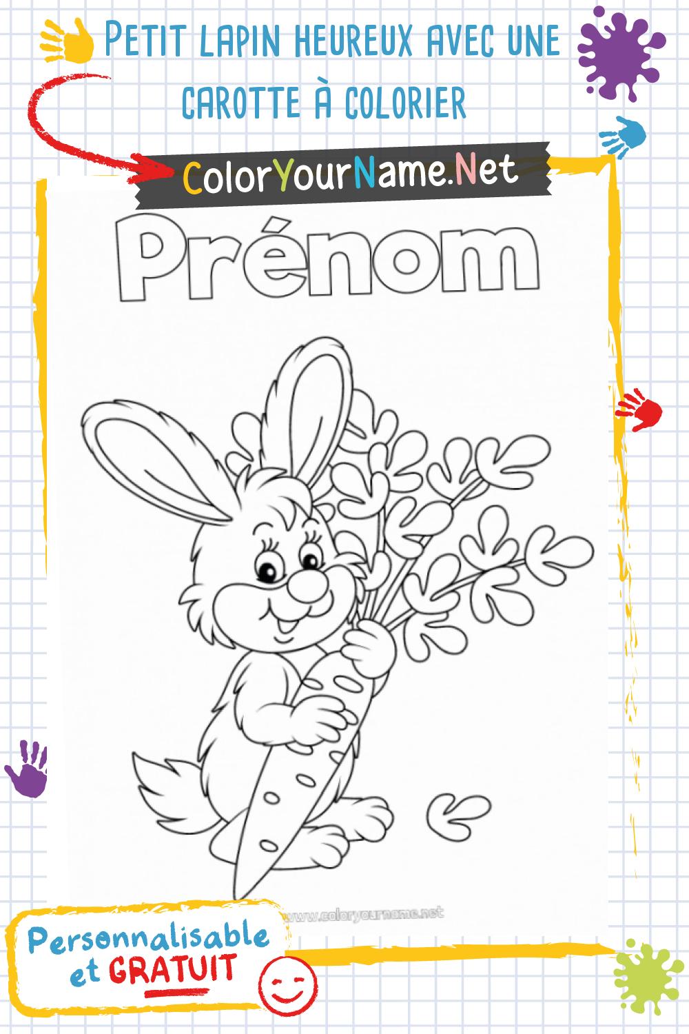 Petit lapin heureux avec une carotte à colorier