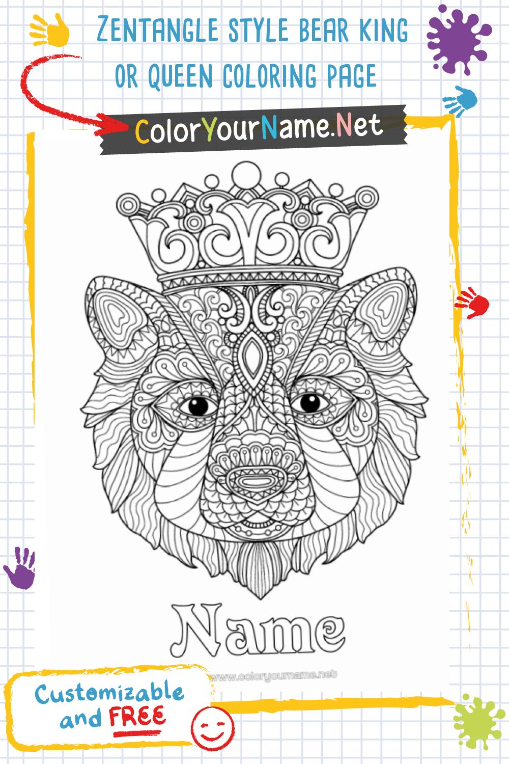 Zentangle style bear king or queen coloring page