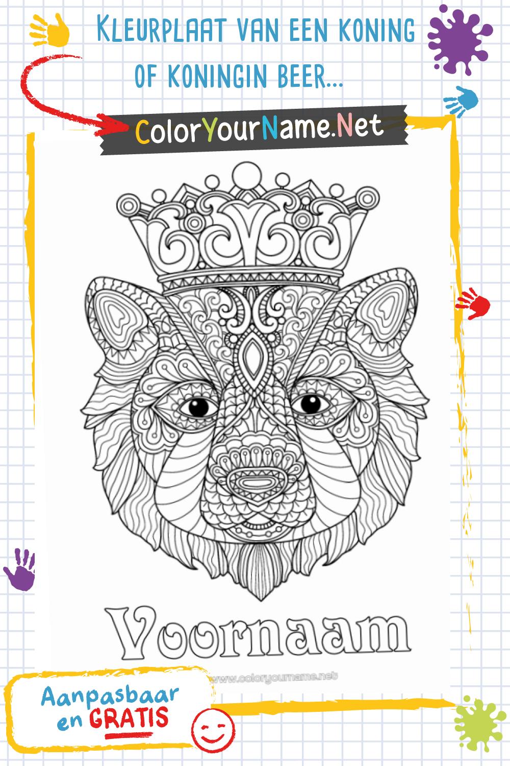 Kleurplaat van een koning of koningin beer in zentangle-stijl