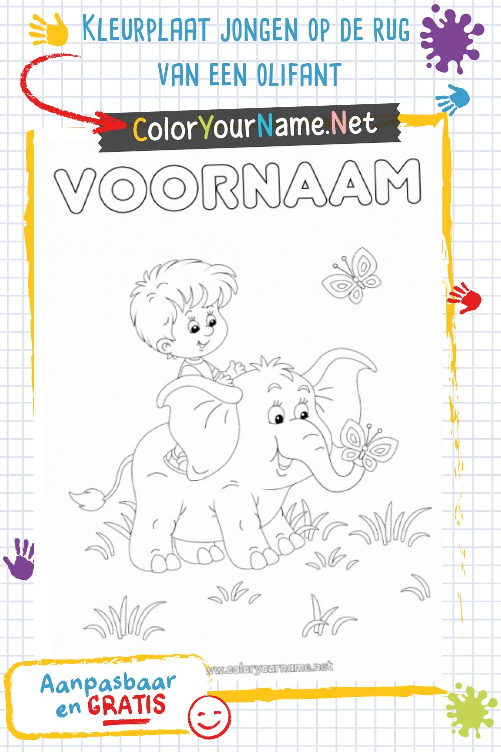 Kleurplaat jongen op de rug van een olifant