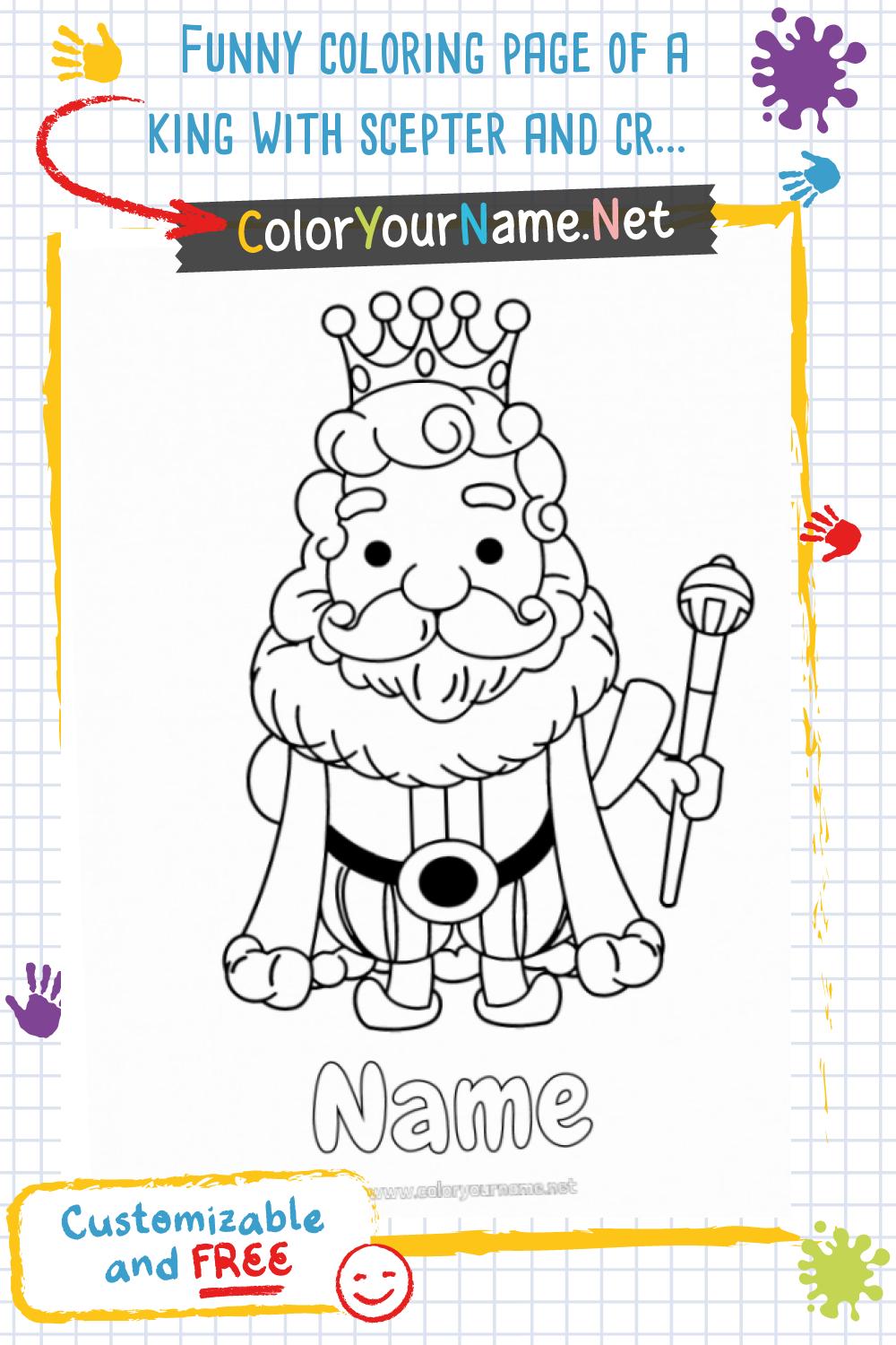Funny coloring page of a king with scepter and crown for children