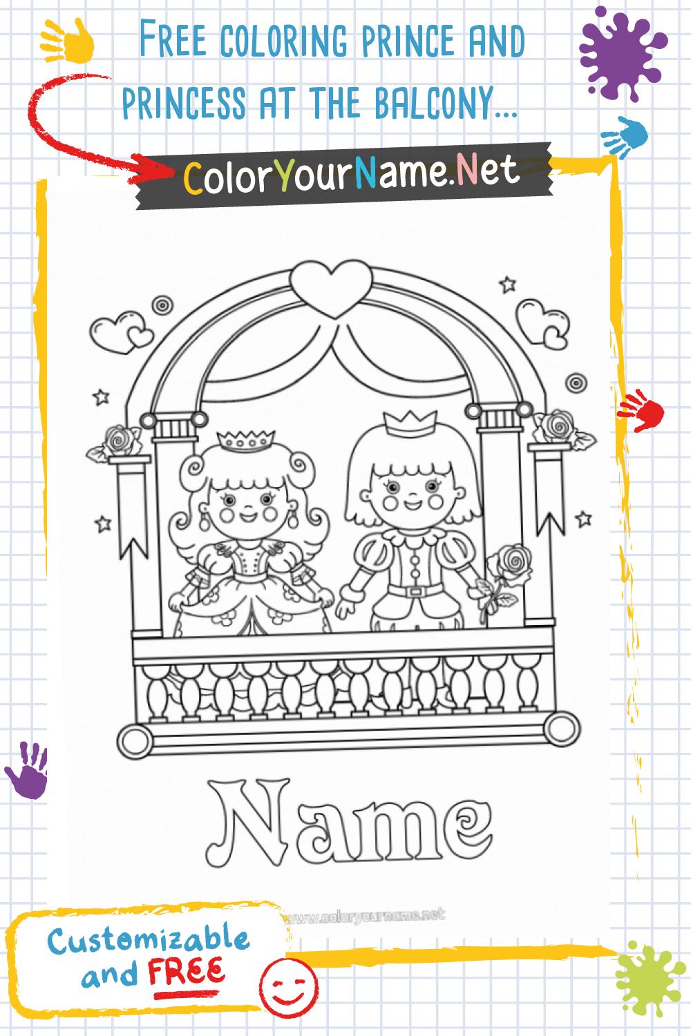 Free coloring prince and princess at the balcony of the castle