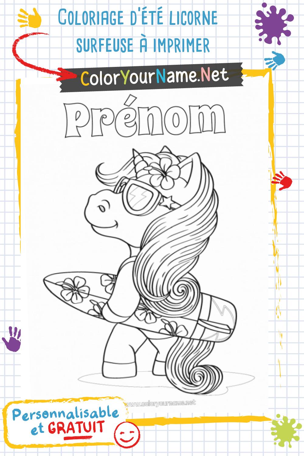 Coloriage d'été licorne surfeuse à imprimer