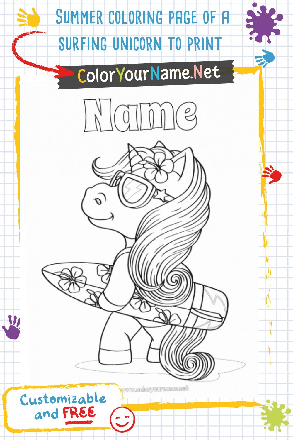 Summer coloring page of a surfing unicorn to print
