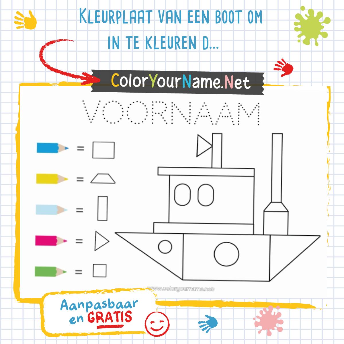 Kleurplaat van een boot om in te kleuren door geometrische vormen