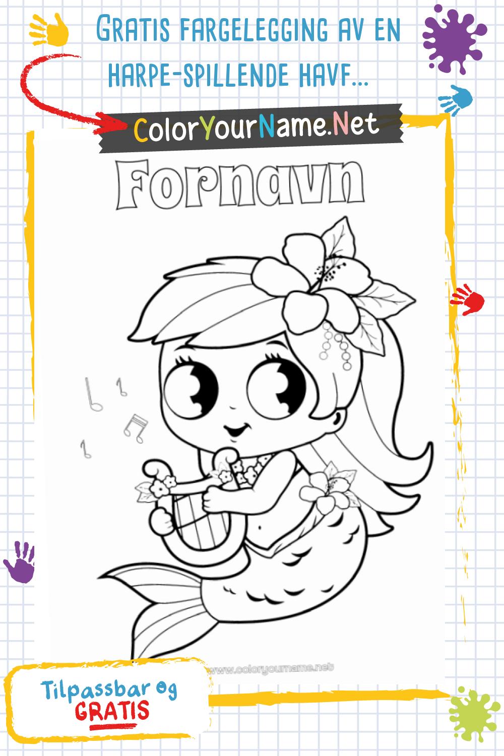 Gratis fargelegging av en harpe-spillende havfrue som kan tilpasses