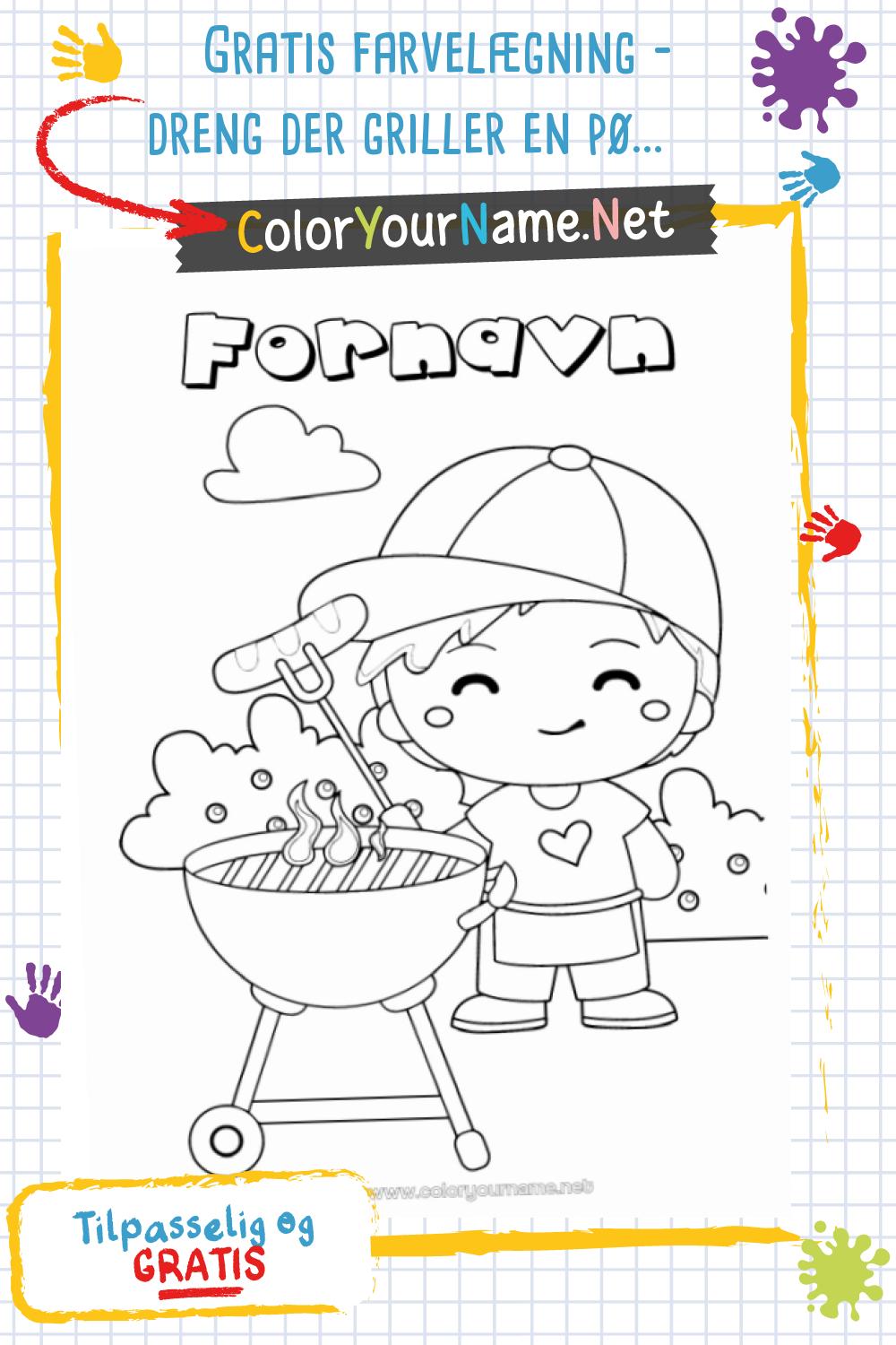 Gratis farvelægning - dreng der griller en pølse på grillen