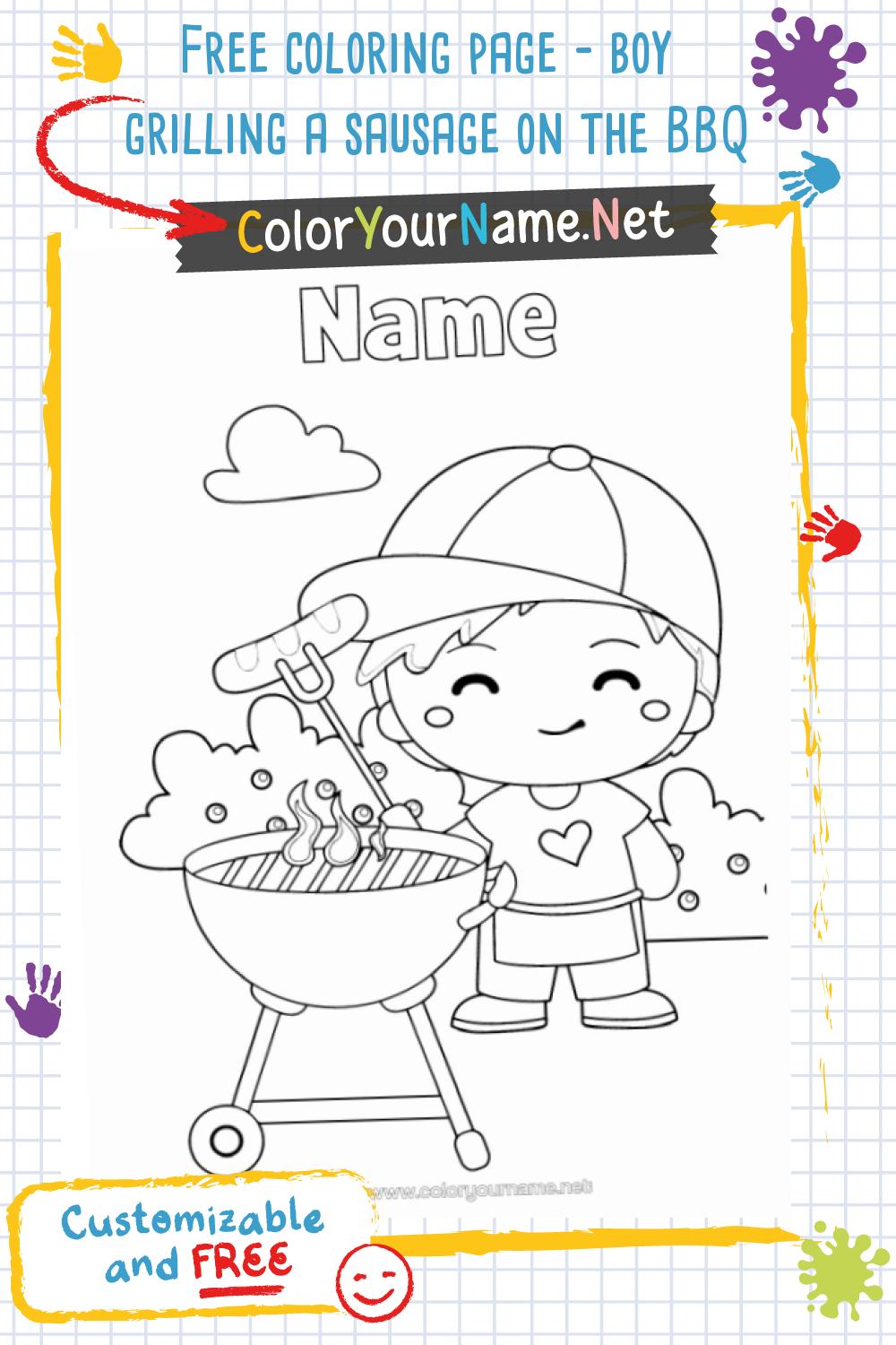 Free coloring page - boy grilling a sausage on the BBQ