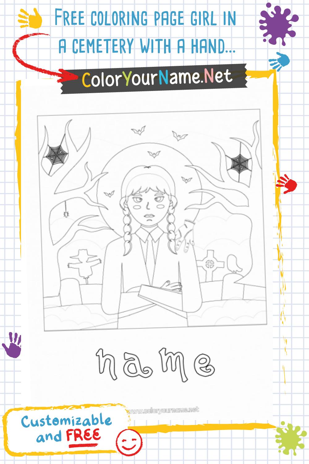 Free coloring page girl in a cemetery with a hand on the shoulder