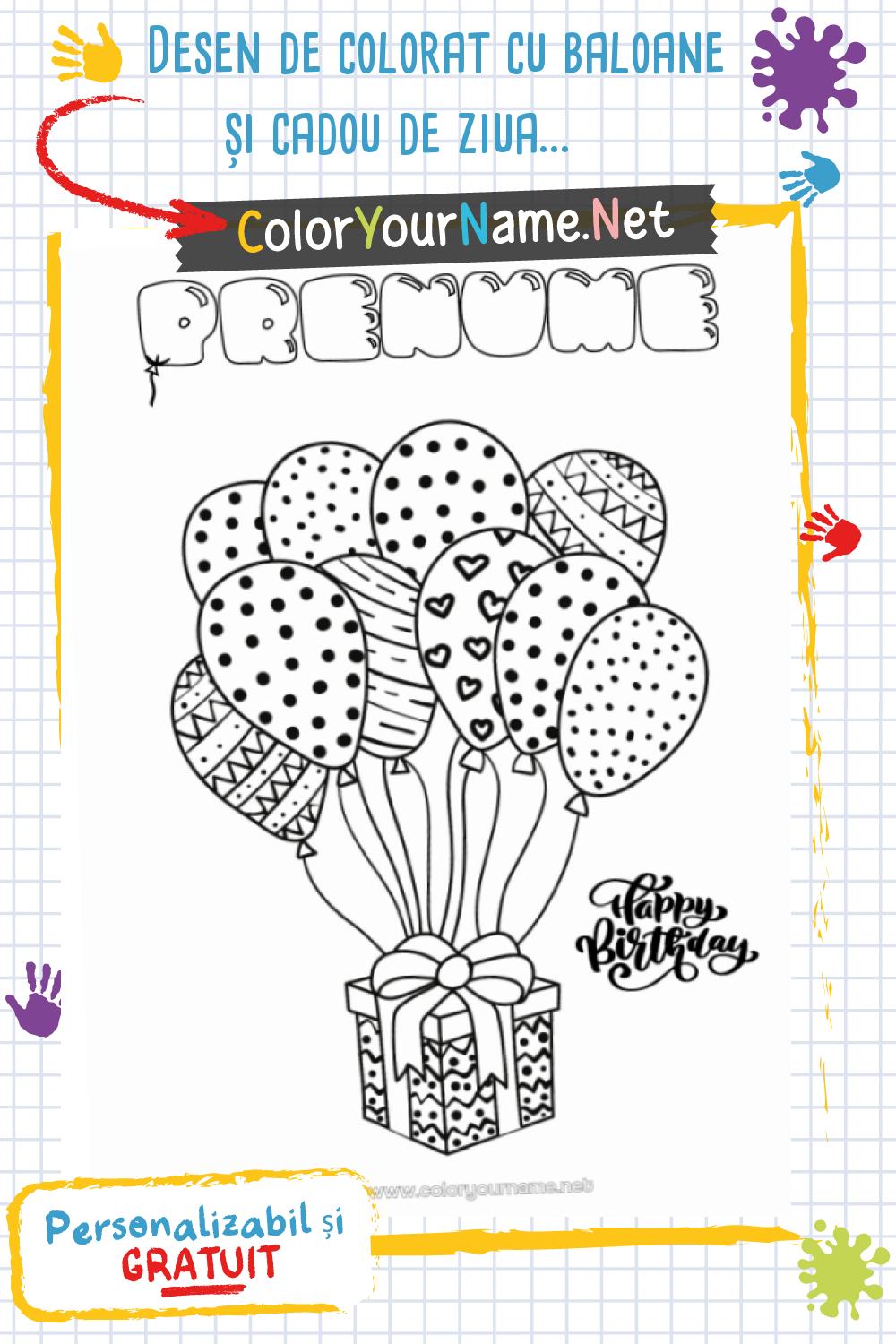 Desen de colorat cu baloane și cadou de ziua de naștere.