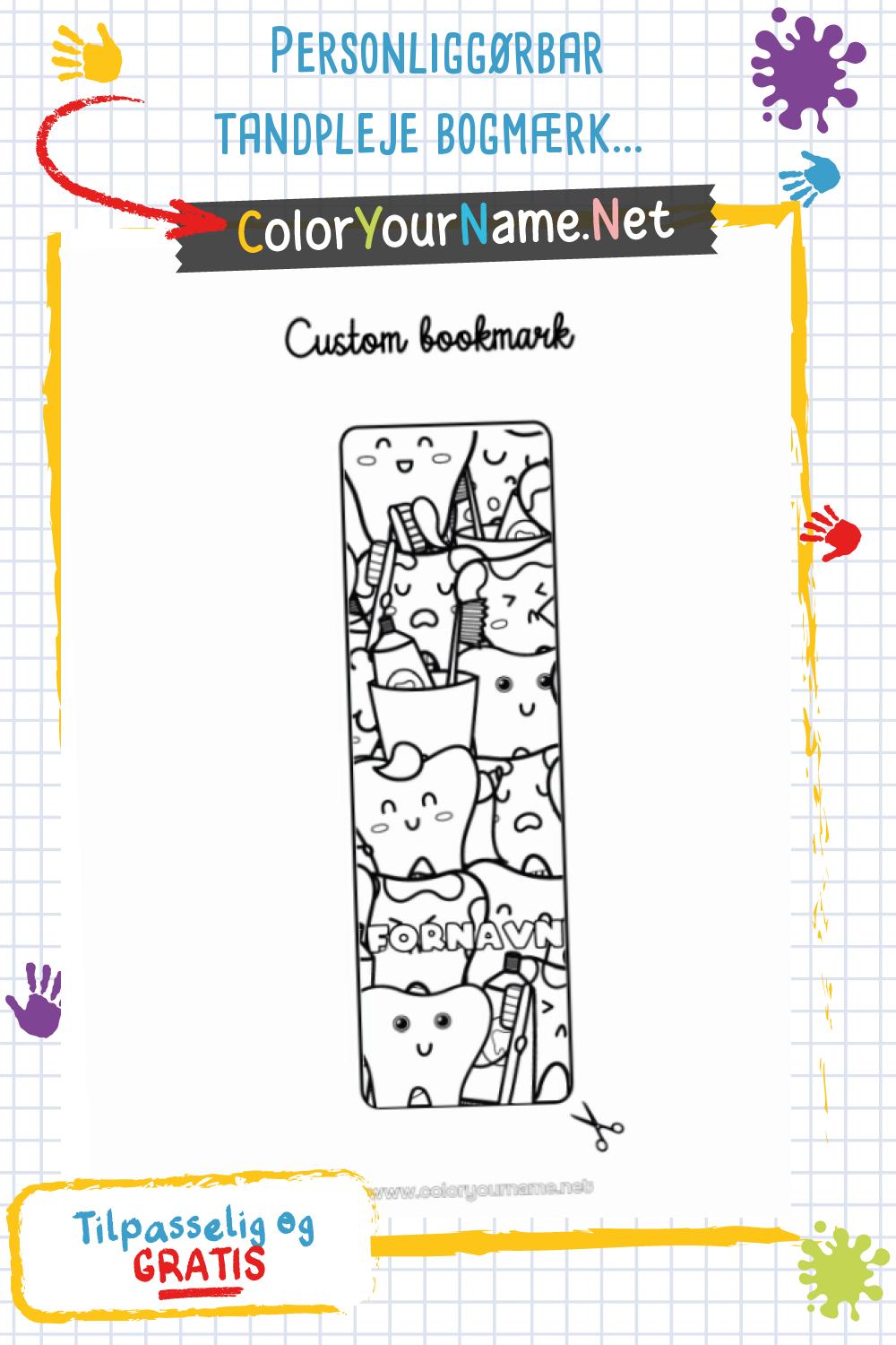 Personliggørbar tandpleje bogmærke i kawaii stil - Hurra for sunde tænder!